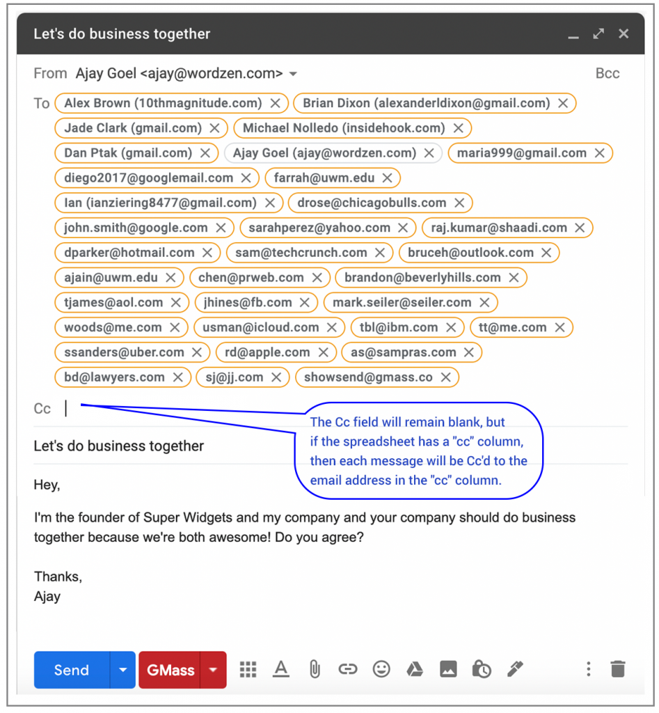 Set the Cc and Bcc fields in a mail merge from a spreadsheet column