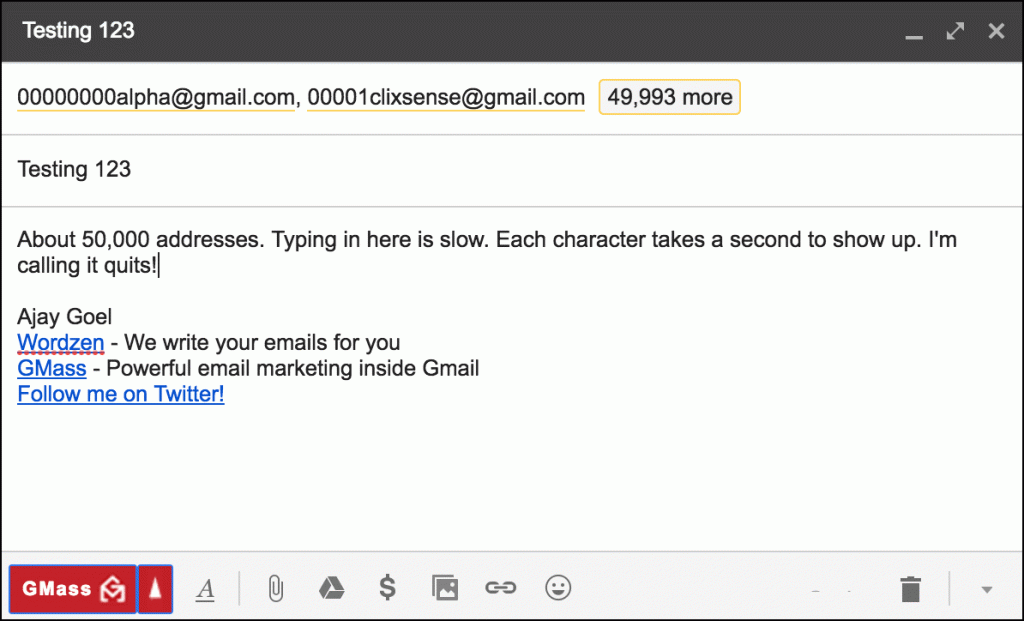 How many email addresses will the Gmail Compose window hold?