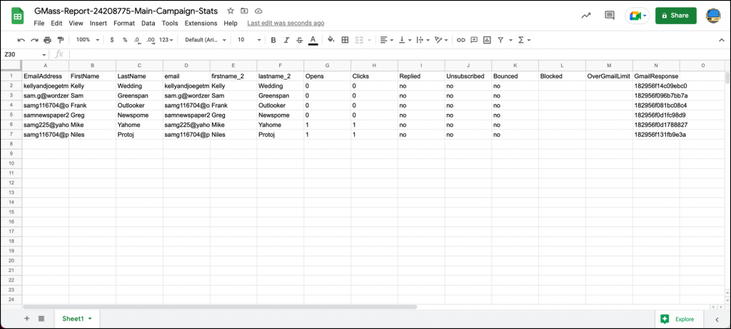 Update a Google Sheet with Campaign Data (Opens, Clicks, Replies)