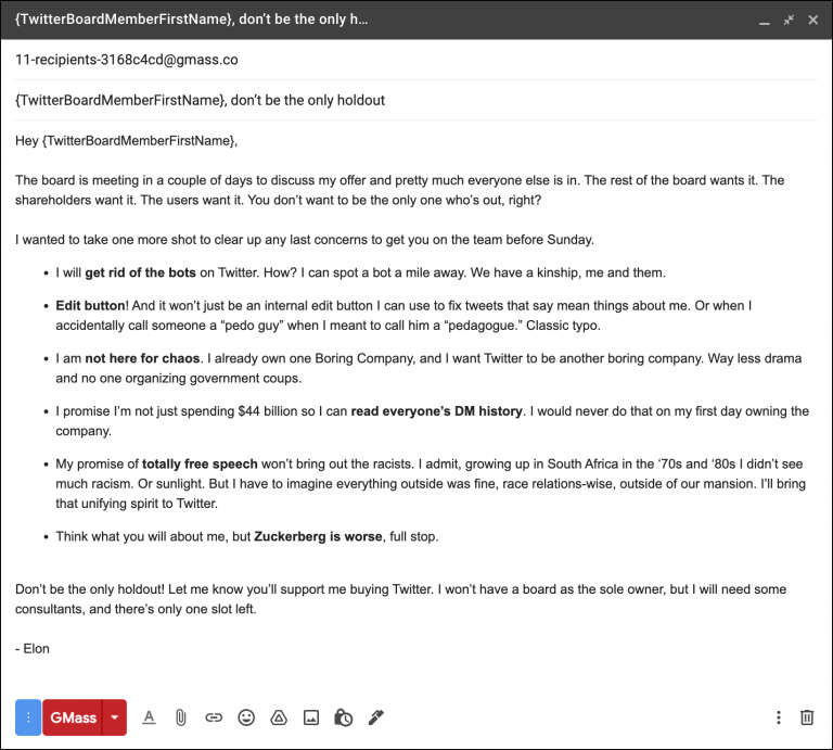 The Cold Emails Elon Musk Sent Twitter's Board to Convince Them to Sell