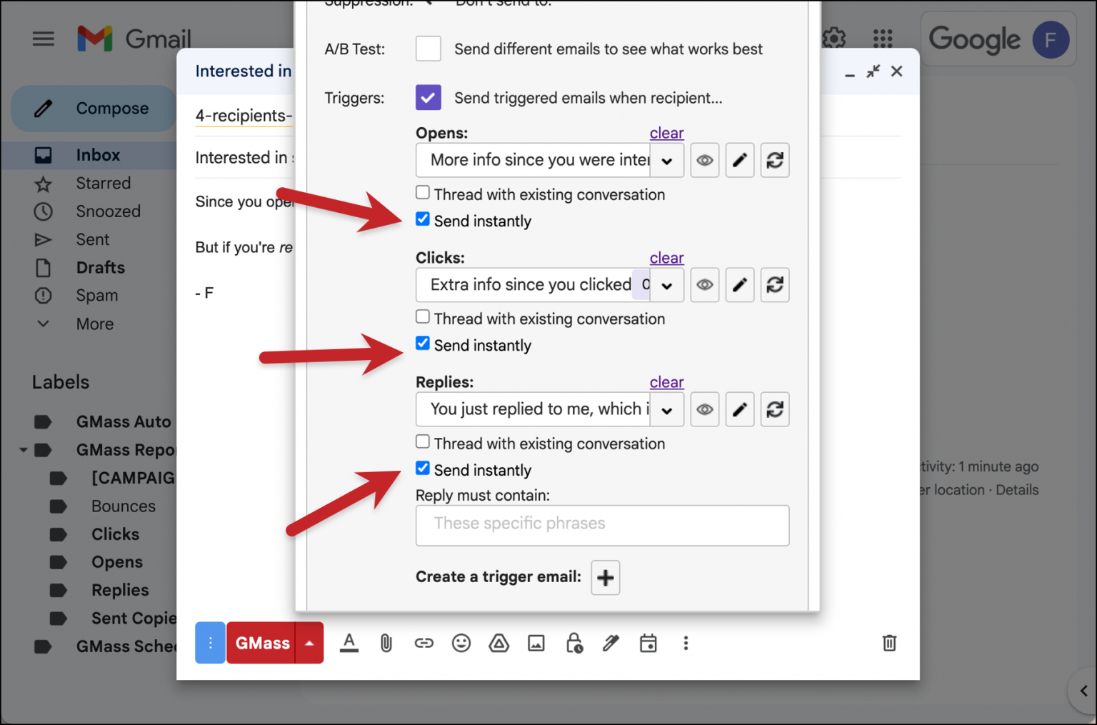 Triggered Emails in GMass: Send When a Prospect Is in Their Inbox