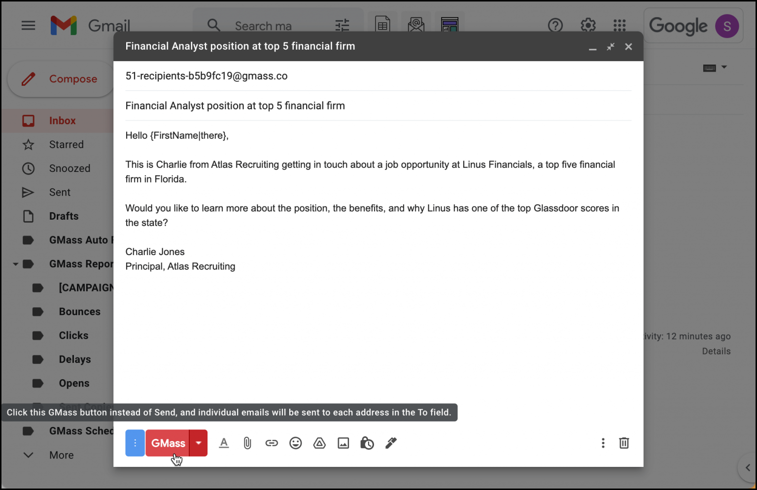 Recruiting email simplified - outreach at scale inside Gmail - GMass