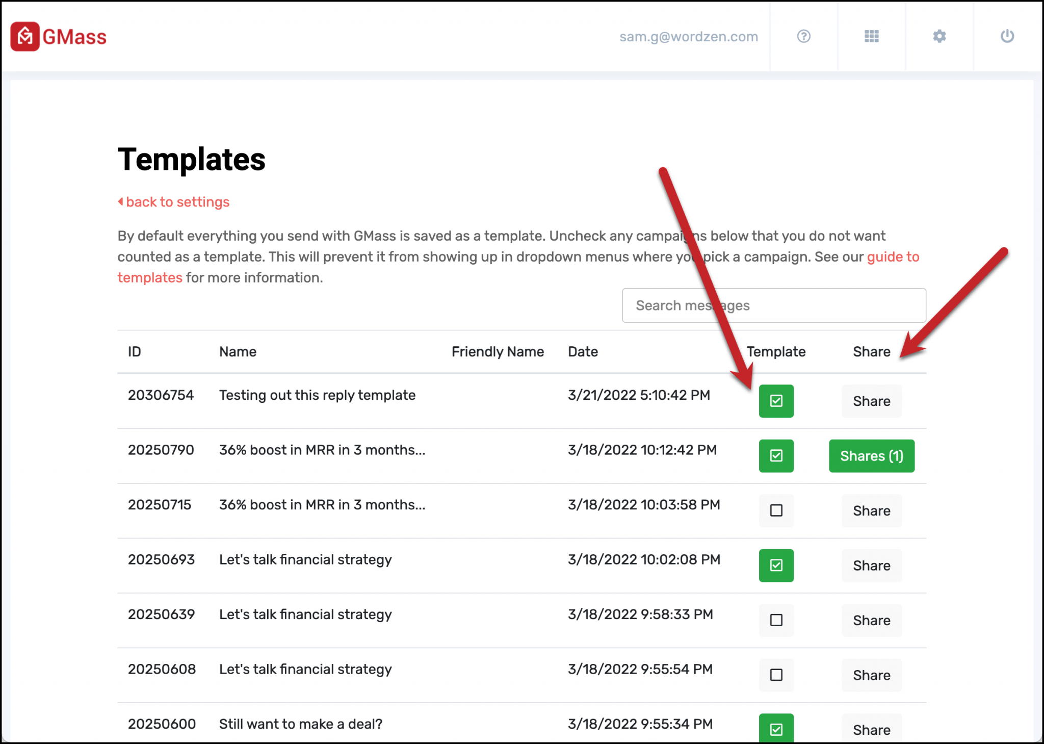 Template management: Use any previous email as a quick template in GMass